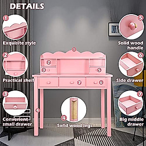 FUNKOCO Home Office Furniture Writing Desk,Computer Work Station with Detachable Hutch,5 Drawers(Pink)