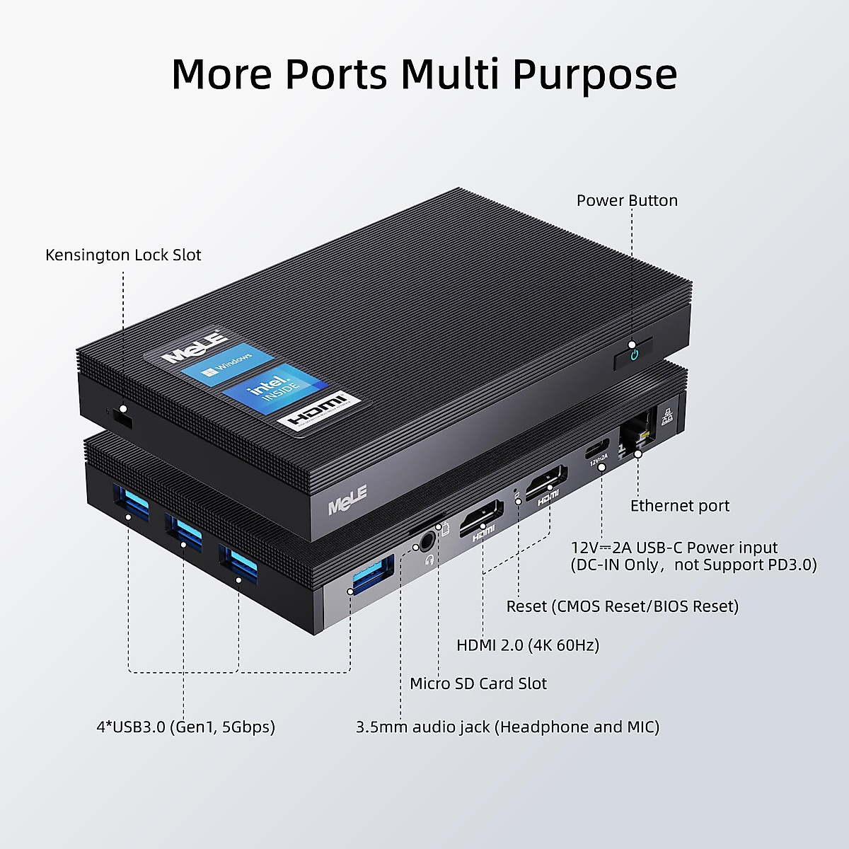 MeLE Quieter2D Fanless Mini PC Window11 Home, Celeron N4000 4GB/128GB Small Desktop, Support M.2 SSD, Dual HDMI 4K,igabit Ethernet on Home IoT