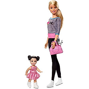 Barbie Ice-Skating Dolls & Playset with Blonde Coach Barbie Doll, Brunette Small Doll and Ice-Skating Base with Turning Mechanism, Gift for 3 to 7 Year Olds