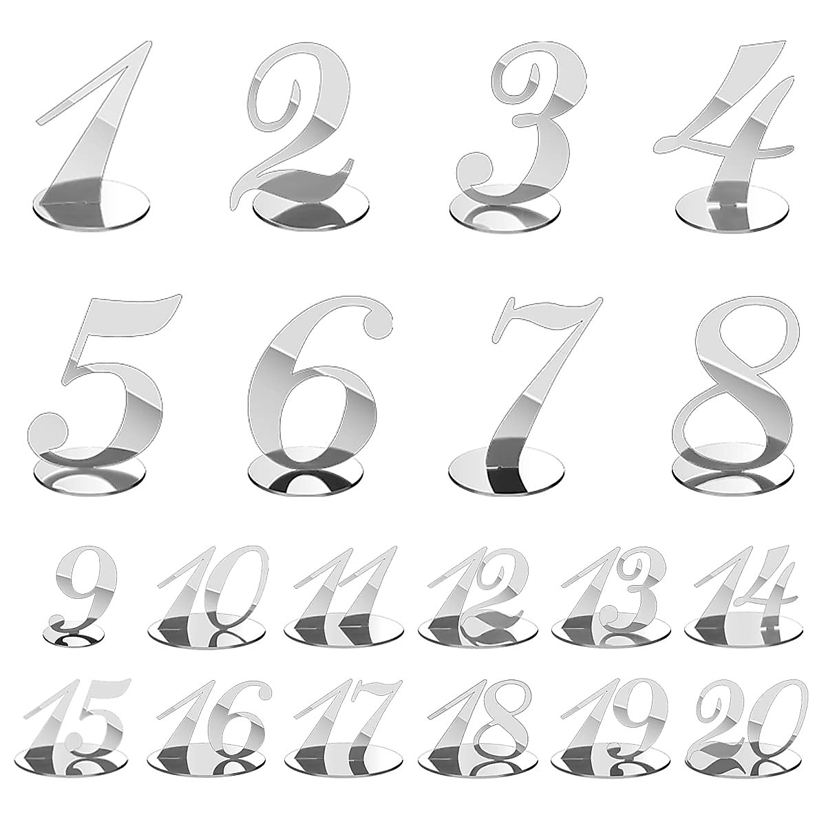 Rely2016 Mirrored Table Number, 1-20 Wedding Table Numbers Stands with Holder Base Acrylic Table Numbers Place Card Holders Reception Décor for Wedding Banquet Birthday Party Event Catering (Silver)