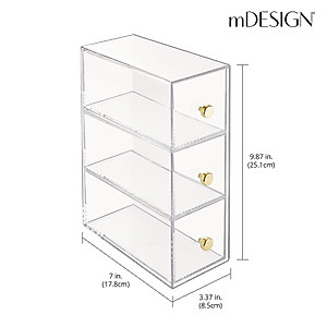 mDesign Plastic Kitchen Pantry Stackable Storage Organizer Container Station with 3 Drawers for Cabinet, Countertop, Holds Coffee, Tea, Sugar Packets, Creamers, Drink Pods, Packets - Clear/Soft Brass