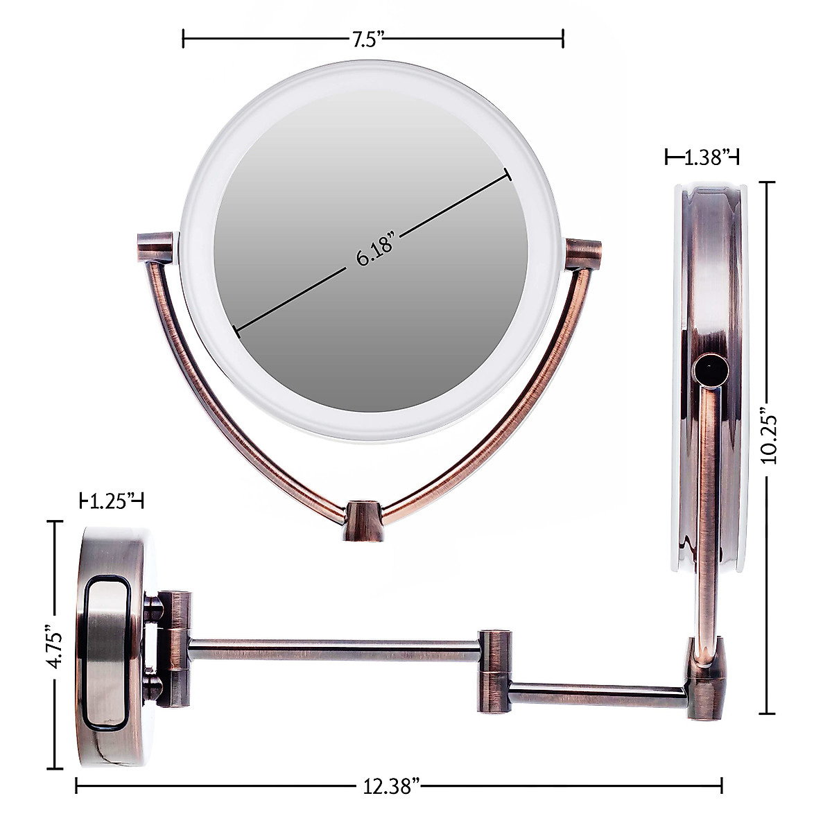 Ovente 7.5" Lighted Wall Mount Makeup Mirror, 1X & 10X Magnifier, Spinning Double Sided Round LED w/ Dimmer Switch, Extend, Retractable & Folding Arm, Battery USB Powered Antique Brass MLW75AB1X10X