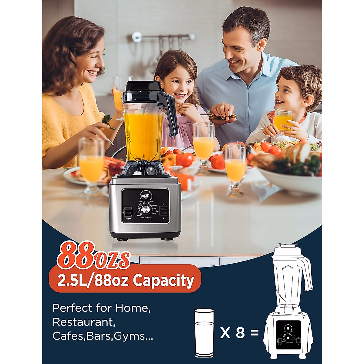 Cavlhils Commercial Blender for Kitchen, 2200W Professional-Grade Power Blender with Soundproof Cover, Electric Variable Speed Processor for Shakes and Smoothies, 88 oz Container & 48000 RPM