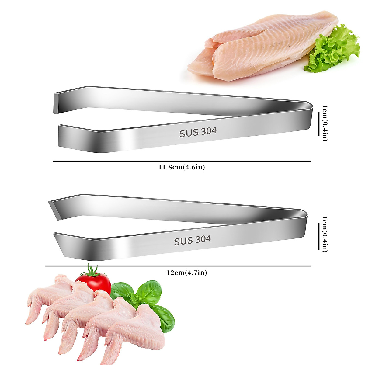 Fish Bone Tweezers, 2PCS Heavy-Duty Stainless Steel Kitchen Tweezers, Flat and Slant Pliers Remover Tool, Dishwasher Safe (4.6" and 4.7")