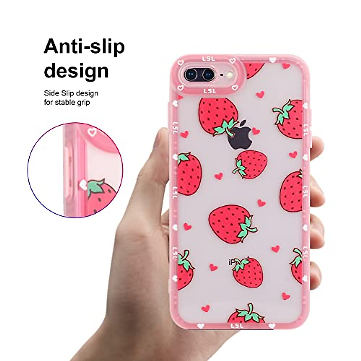 LSL Compatible iPhone 8 Plus Case iPhone 7 Plus Case Clear Cute Strawberry Pattern Design Soft TPU Anti-Drop Scratch Resistant Heavy Duty Protective Wireless Slim Thin Pink Phone Cover for Women Girls
