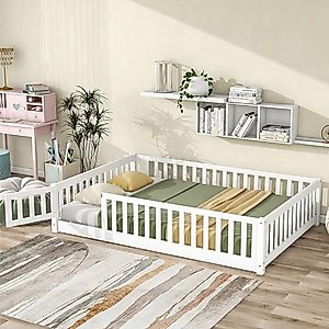 LostCat Full Size Floor Bed Frame with Safety Fence and Door, Wood Montessori Floor Bed with Slat Support, Montessori Bed Frame for Girls Boys,No Box Spring Needed, White