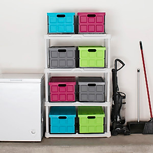 Glad Collapsible Storage Bin with Lid - 48L Foldable Plastic Box for Garage, Car Trunk, and Organization - Stackable Lidded Container with Handles, Grey