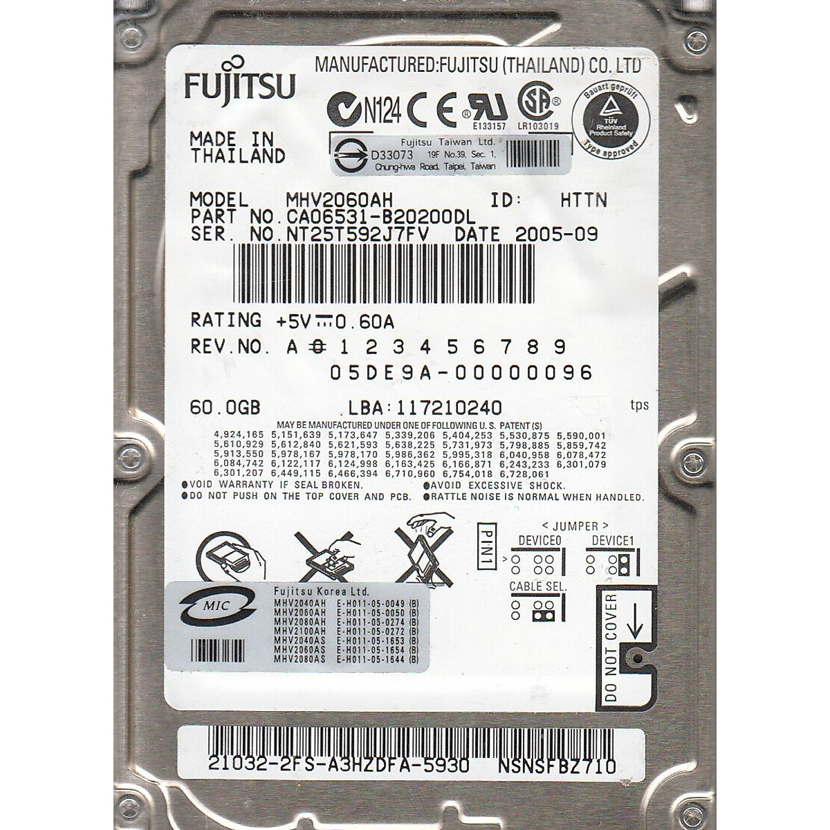 MHV2060AH, PN CA06531-B20200DL, Fujitsu 60GB IDE 2.5 Hard Drive