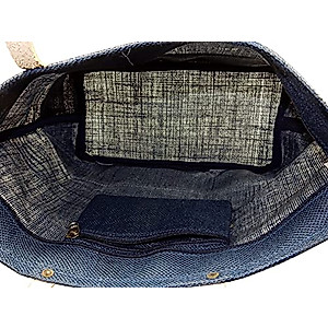 Jute Tote Bag With Leather Handles - Burlap Tote Bags With Zipper, Burlap Purse, Shopping tote Bag for women, Handbag (Navy Blue)