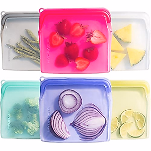 Premium Platinum Silicone [6 PACK] Reusable Food Storage Bags, 30 ounces, Press to Lock, Stash Snacks & Meal Prep, Sandwich Size, Microwave, Oven, & Freezer Safe.