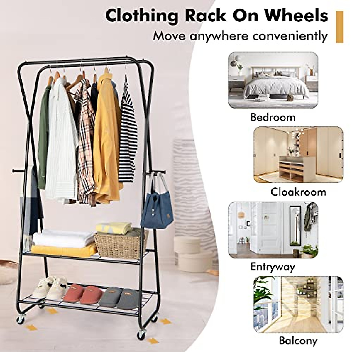 Giantex Metal Rolling Garment Rack, Clothing Rack with Wheels, Double Hanging Rods, 2 Shelves, 4 Hooks, Freestanding Clothes Organizer Rack with 2 Lockable Wheels for Bedroom, Balcony, Dorm, Black