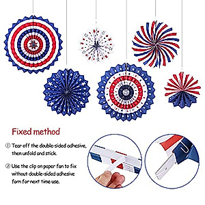 Fourth of July Decorations Red White Blue Decorations Set of Paper Fans, USA Flag Pennant Bunting, Pom Poms, Hanging Swirls, Star Streamer, Head Bopper for Memorial Day Veterans Decor