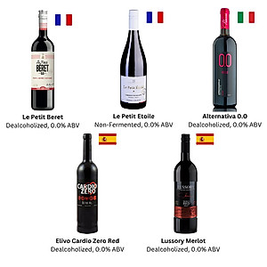 Non-Alcoholic Red Sampler - Five (5) Bottles 750ml Each - Featuring Elivo Cardio Red, Lussory Red, Le Petit Merlot, Princess Rosso Dry, and Tautila Tinto (Spain, Italy, France)