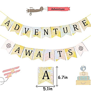 JeVenis Adventure Awaits Banner Bon Voyage Banner Travel Theme Banner World Map Travel Themed Baby Shower Banner Vintage Atlas Map Banner for Bridal Shower Graduation Party Moving Party