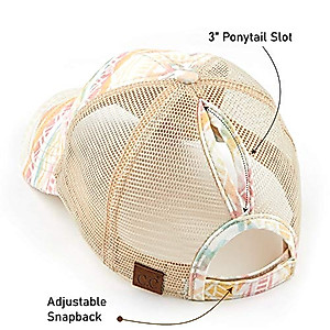 C.C Washed Distressed Cotton Denim Ponytail Hat Adjustable Baseball Cap (BT-929) (A Aztec Patten/Ivory)