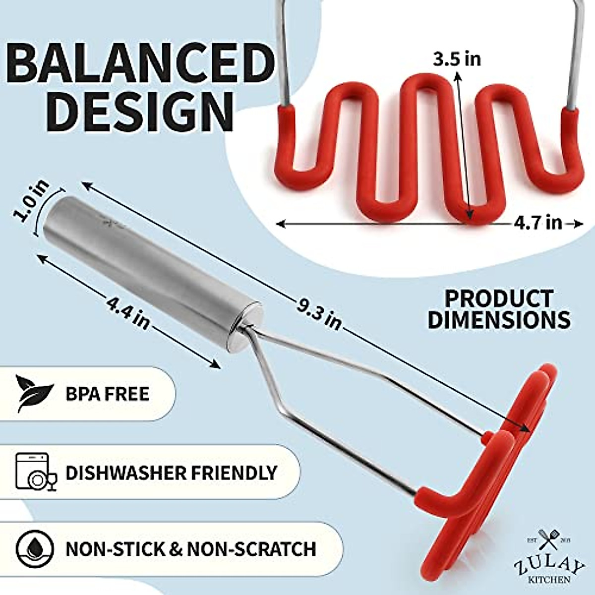 Zulay Kitchen Non-Scratch Potato Masher Kitchen Tool - Durable Stainless Steel Wrapped in Premium Silicone Mashed Potatoes Masher - Versatile Masher Hand Tool & Potato Smasher (Red)