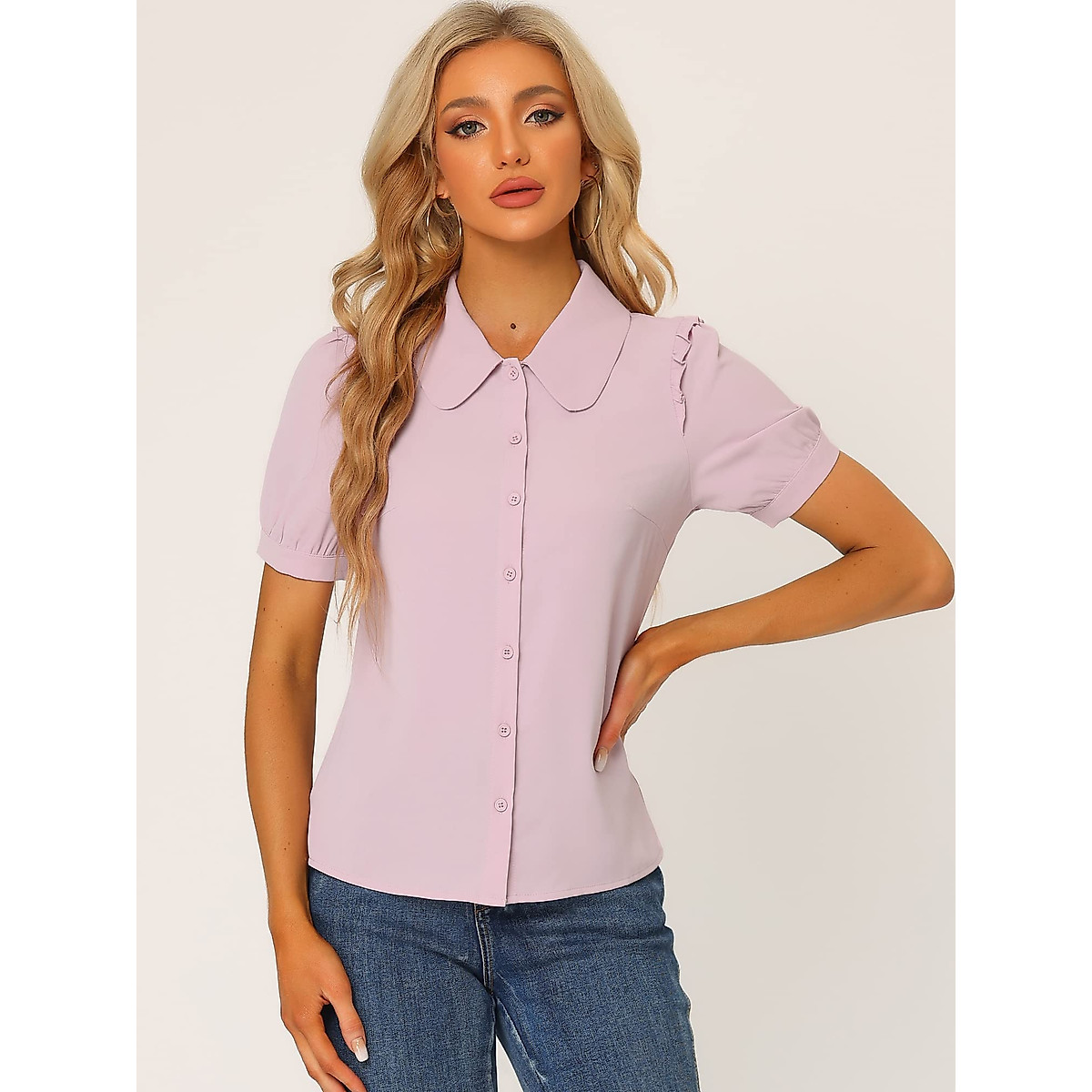 Allegra K Work Collared Top for Women's Peter Pan Collar Short Sleeve Button Front Shirt X-Small Pink