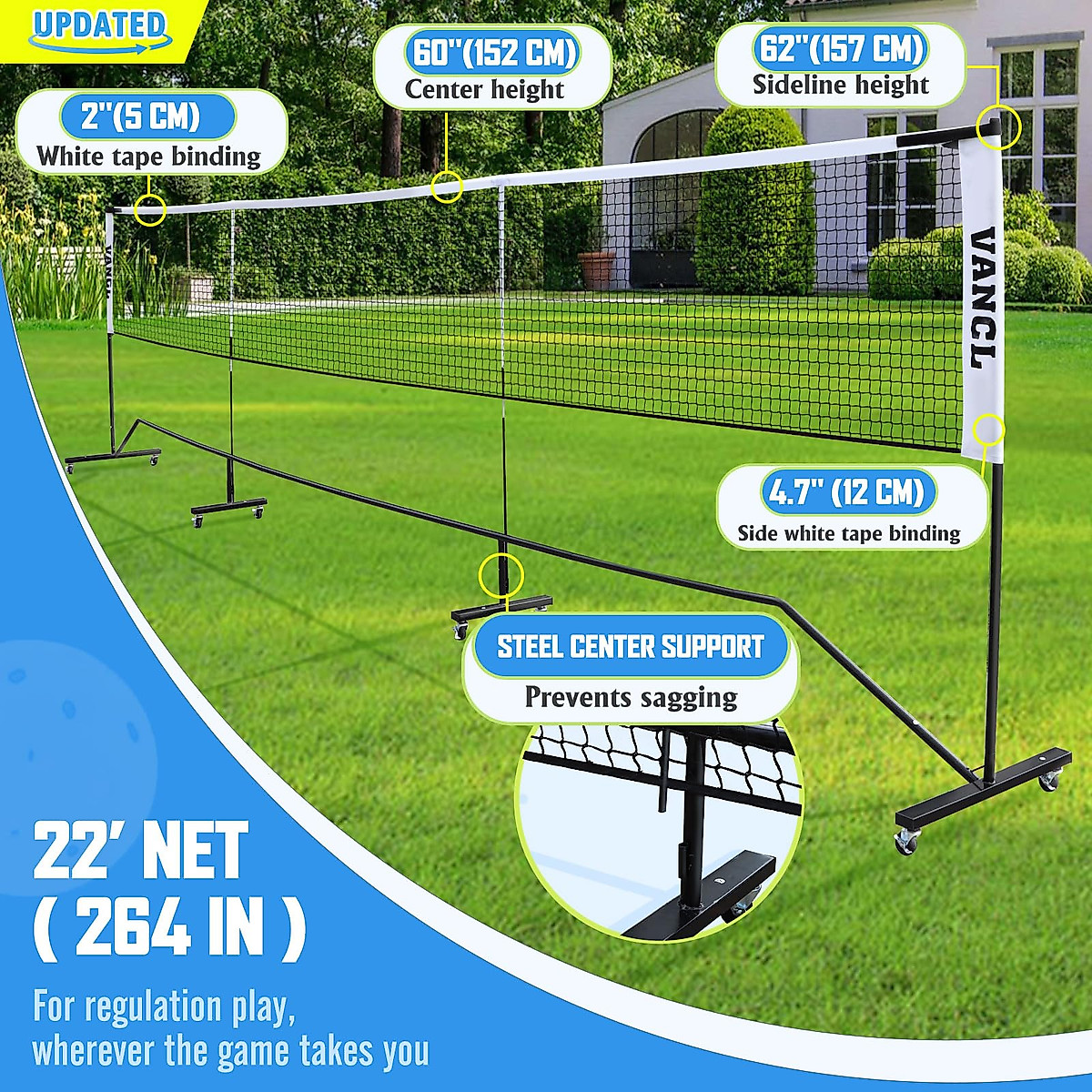 VANCL Badminton Pickleball Net with Wheels Movable, Deluxe Heavy Duty Pickleball Net System 22 Feet Pickleball Net for Driveway, Adjustable Strong Nylon Net Pickleball Net Portable Outdoor