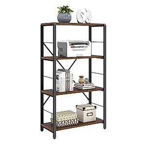 FOLUBAN Modern Bookshelf, 4 Tier Open Display Storage Book Shelf Organizer, Industrial Metal and Wood Bookshelves and Bookcases for Living Room Bedroom Office, Rustic Walnut