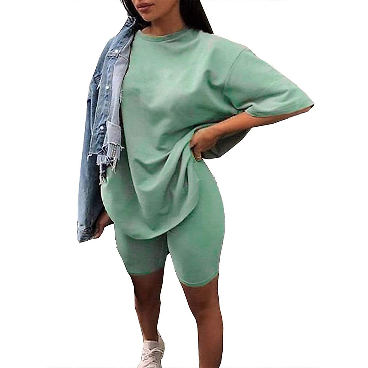 Youdiao Women 2 Piece Outfit Sets Oversized T-Shirt Tops Biker Shorts Casual Workout Sports Tracksuit Set with Belt Light Green M
