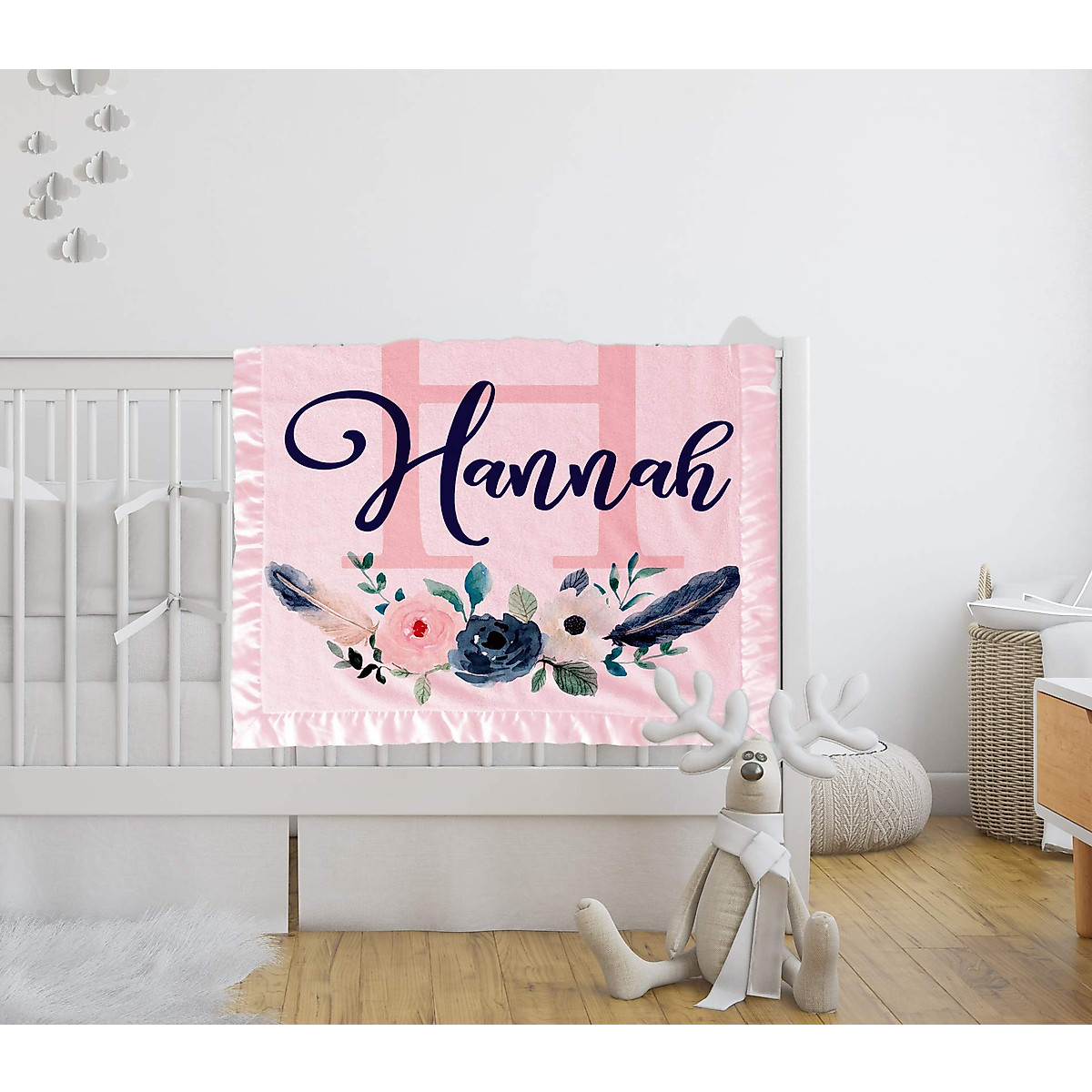 Personalize It Baby Blanket for Girls 30x40 in (Pink) Customized with Name Personalized Monogram for Newborns and Infant in Floral Girl Navy Indigo Blue and Pink with Satin Trim