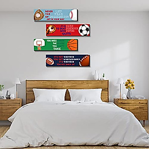 Sport Motivational Quote Wall Art(pack of 4), Basketball Football Baseball Soccer Sport Hanging Wall Prints Plaques, Sport Themed for Boy's Bedroom Playroom Classroom Living Room Decoration