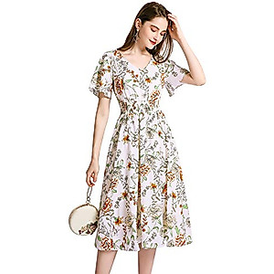 Chiffon Floral Summer Sun Beach Dresses for Women 2023 with V Neck Elastic Waist White Flower M