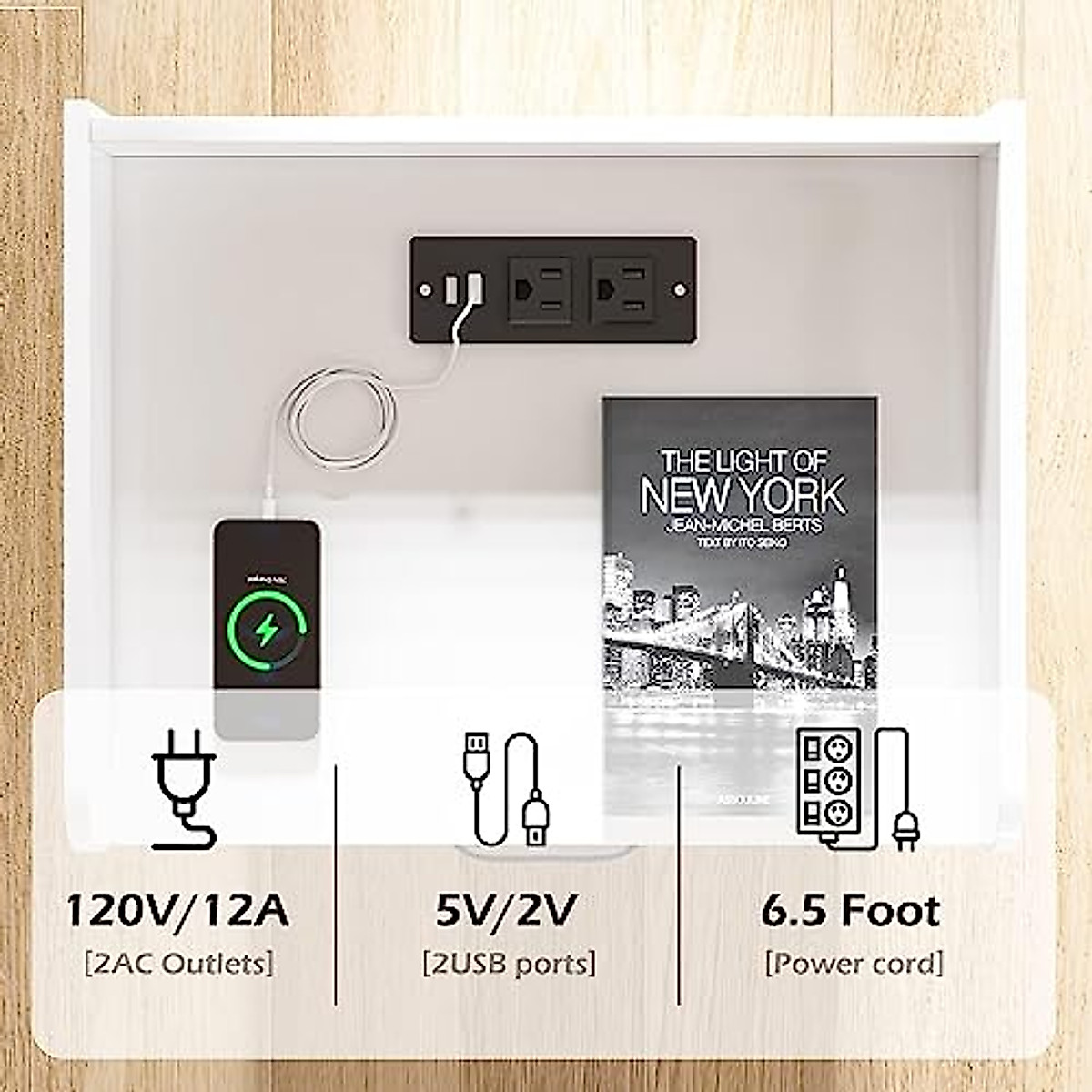 White Nightstand Set of 2 with Charging Station and LED Lights, Modern End Side Table with 2 Drawers and Open Storage for Living Room, Night Stands for Bedrooms Set of 2 White