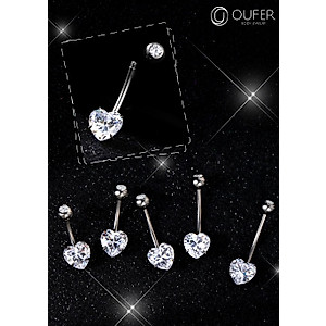 OUFER 14G Belly Rings, Long Belly Button Rings, G23 Solid Titanium Belly Piercing Jewelry, Heart Shaped Navel Piercing Jewelry, Belly Rings for Women Men-16mm