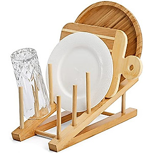 Yesland 3 Packs Wooden Dish Rack, Bamboo Plate Bottle Drying Rack with Wooden Mallet Plate Rack for Water Bottles, Cups, Pan Lids, Dinner Plates - Brown