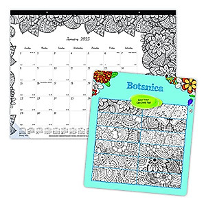 Blueline 2023 DoodlePlan Monthly Coloring Desk Pad Calendar, 12 Months, January to December, 22" x 17", Botanica Designs (C2917311-23), Black/White