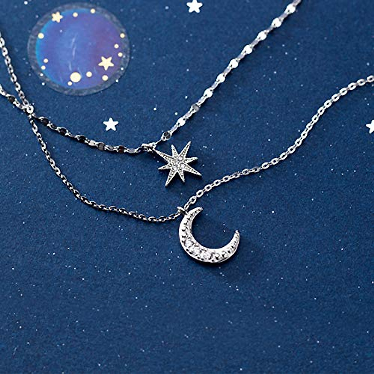 SLUYNZ 925 Sterling Silver Layered Necklace Chain Star Moon Choker Necklace for Women Teen Girls Layering Chain Choker (A-Silver)