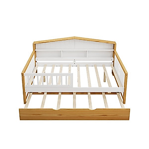 MERITLINE Full Size Daybed with Trundle and Bookcase Headboard, Wood Daybed Sofa Bed with Charming House-Shaped Design,Kids Bed Frames with Windows and Safety Rails,Walnut and White