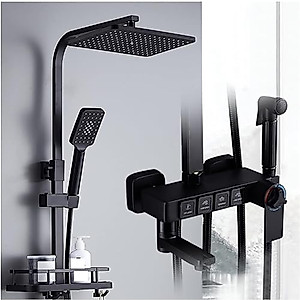 tatic Rain Shower System with Handheld,Wall Mounted Rainfall Shower Head with Shelf, Shower Faucet Set with Brass Mixer Valve and Toilet Bidet Sprayer, Black Shower Combo Kit Compatible with Ba