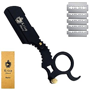 Professional Straight Razors For Men, Barber Razors Straight Edge Razor Kit For Close Shaving - Beard Cut Throat Finger Razor Safety Shavette With 10 Shaving Blades By Krisp Beauty (Black)