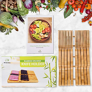 W Selections Bamboo Knife Drawer Organizer Insert - Kitchen Storage Holder for [18~26 Knives & 1~2 Honing Steel] Organization - Saves Countertop Space & Made of Premium Quality Moso Bamboo