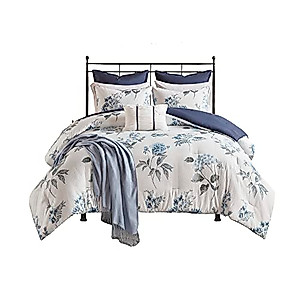 Madison Park Zennia Farmhouse Comforter Set with Throw-Blanket, Floral Print on Seersucker Textures, All Season Bedding, Matching Shams, Toss Pillows, King/Cal King(104"x92"), Blue 7 Piece