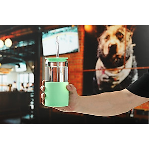 Sunseeke Glass Tumbler with Straw and Lid, 16oz Ice Coffee Cup, Silicone Sleeve Cleaning Brushes, Drinking Glasses for Water, Iced Coffee, Smoothie - BPA Free -3 Pack