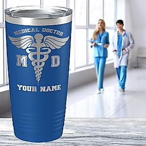 Personalized MD Medical Doctor Gift on Blue 20 oz Stainless Steel Tumbler with Lid - Insulated Cup - Custom Travel Mug