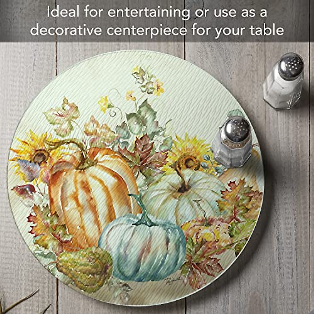 CounterArt Harvest Pumpkins & Sunflowers 4mm Heat Tolerant Tempered Glass Lazy Susan Turntable 13" Diameter Cake Plate Condiment Caddy Pizza Server