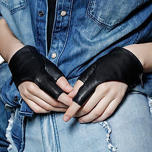FIORETTO Womens Fingerless Leather Gloves Unlined Leather Driving Gloves Dancing Performance Punk Half Finger Gloves Black Medium