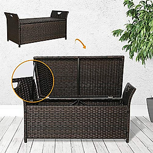 Patio Tree Outdoor Deck Storage Box, Patio Wicker Storage Bench, Rattan Storage Bins with Cushion (Red)