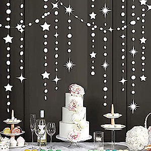 White Party Decorations Star Circle Dot Paper Garland Banner Bunting Streamer Glitter Hanging Twinkle Star Decoration for Kids Birthday Baby Bridal Shower Wedding Anniversary Engagement Decor