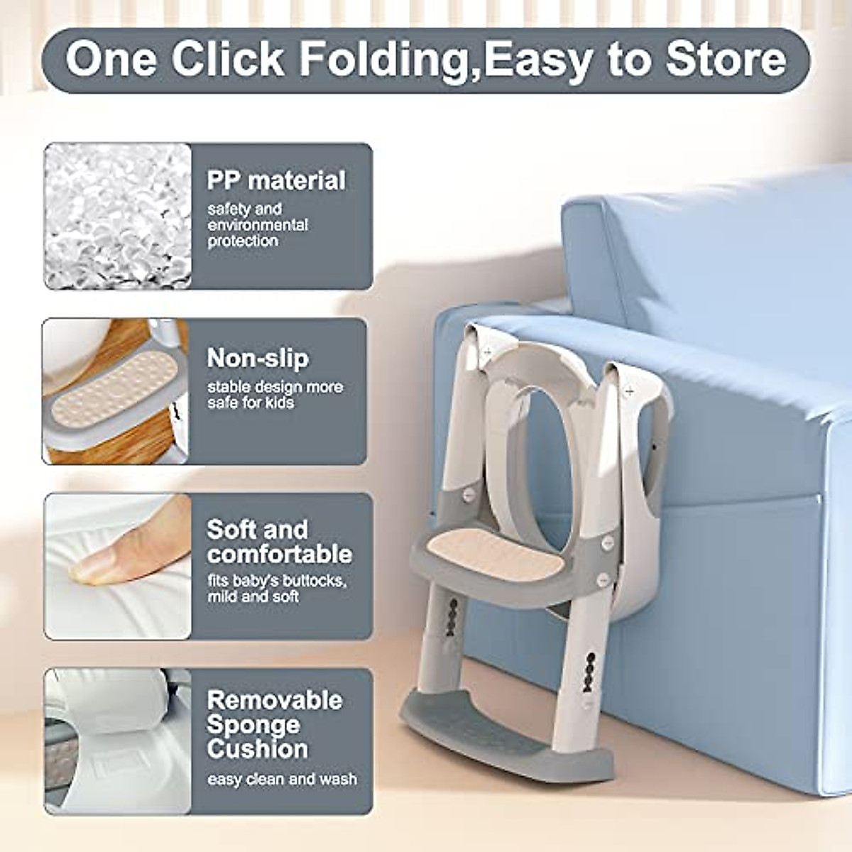 GLAF Potty Training Toilet Seat for Toddler Boys and Girls with Step Stools Ladder Potty Chair 2 in 1 Adjustable Kids Potty Seat with Anti-Slip Pads Comfortable Cushion (Grey)