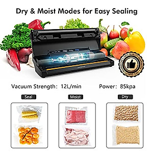 KOIOS Vacuum Sealer Machine, 85Kpa Automatic Food Sealer for w/Starter Kit, Dry&Moist Modes, With Up To 40 Consecutive Seals, Compact Design (Black)