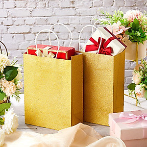 60 Pcs Small Gift Bags Valentines Day Paper Gift Bags Glitter Kraft Bag Reusable Gift Bag with Handle Bridal Shower Favor Bags Bulk Goodie Bags for Wedding, Birthday, Bridesmaids,8.2*5.9*3.1 (Gold)
