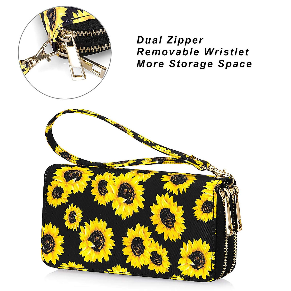 HAWEE Cellphone Wallet for Women Dual Zipper Long Purse with Removable Wristlet, Sunflower