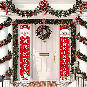 Christmas Decorations Banners, Merry Christmas Party Decor, Bright Red Xmas Hanging Banner for Outdoor/Indoor Home Front Door, 100D Fabric Porch Sign 72”x12”
