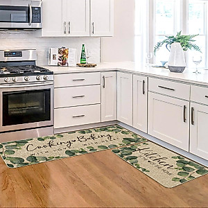 Artoid Mode Eucalyptus Leaves Mats Set of 2, Kitchen is The Heart of The Home Cooking with Love Baking with Heart Decorations for Home 17 x 29 and 17 x 47 Inch