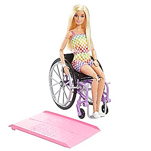 Barbie Fashionistas Doll #194 with Wheelchair and Ramp, Straight Blonde Hair and Rainbow Romper with Accessories
